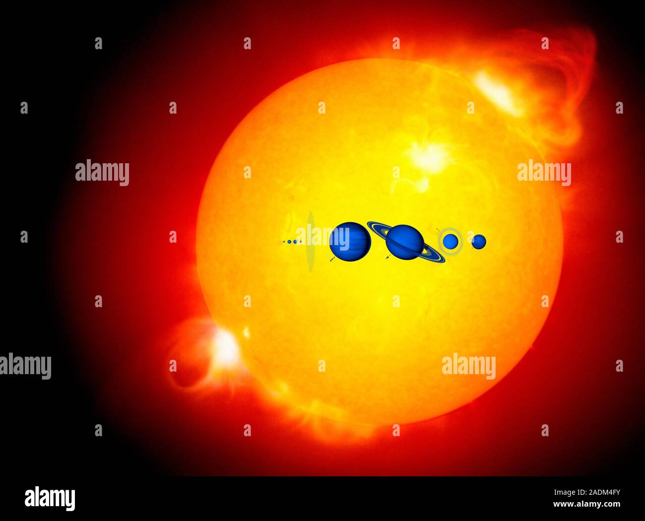 Sun and its planets. Artwork of the eight planets of the solar system ...