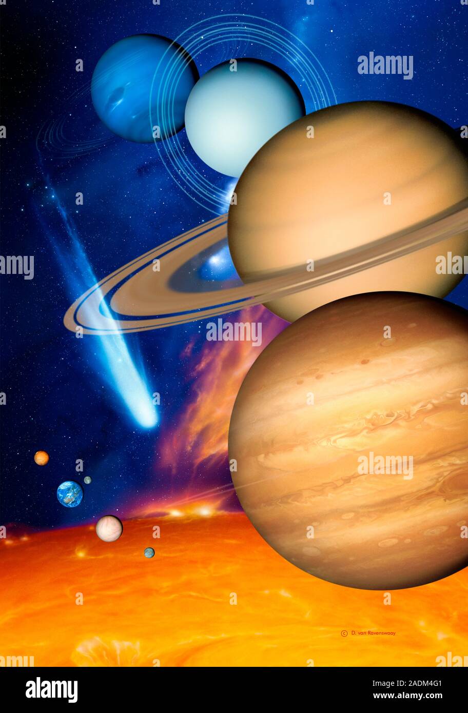 Sun and its planets. Artwork of the eight planets of the solar system ...