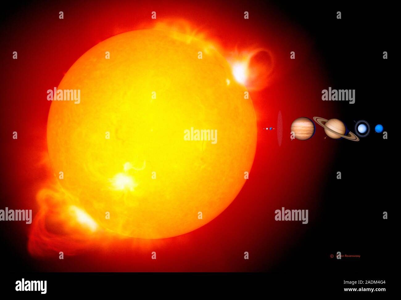 Sun and its planets. Artwork of the eight planets of the solar system ...