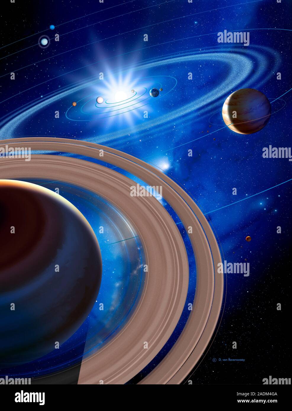 Solar system. Artwork of the eight planets orbiting the Sun (upper ...