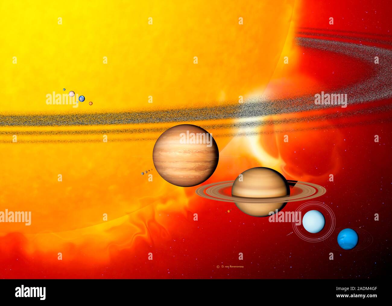 Sun and its planets. Artwork of the eight planets of the solar system ...