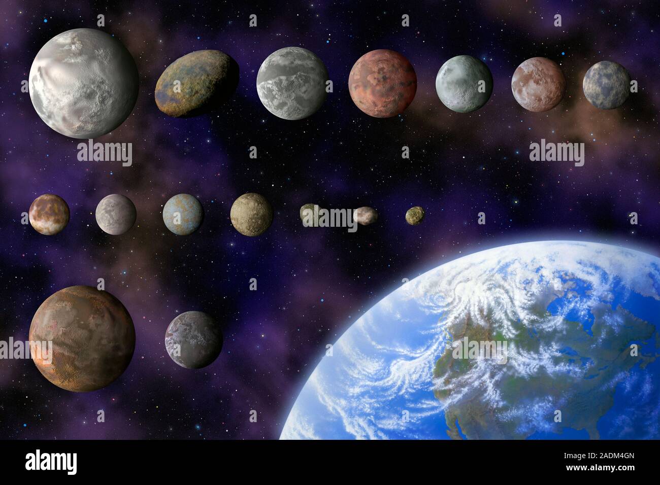 Dwarf planets and candidates. Computer artwork of the 3 dwarf planets ...