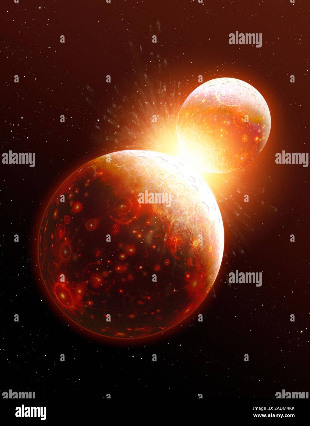 Planetary formation. Computer artwork of two protoplanets colliding in ...