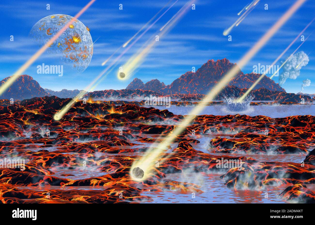 Early Earth. Artwork of the surface of the Earth and Moon early in ...