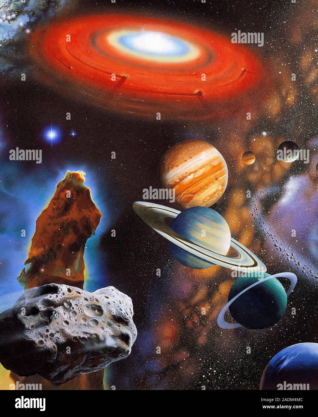 Early solar system. Artist's impression of the solar system during its ...