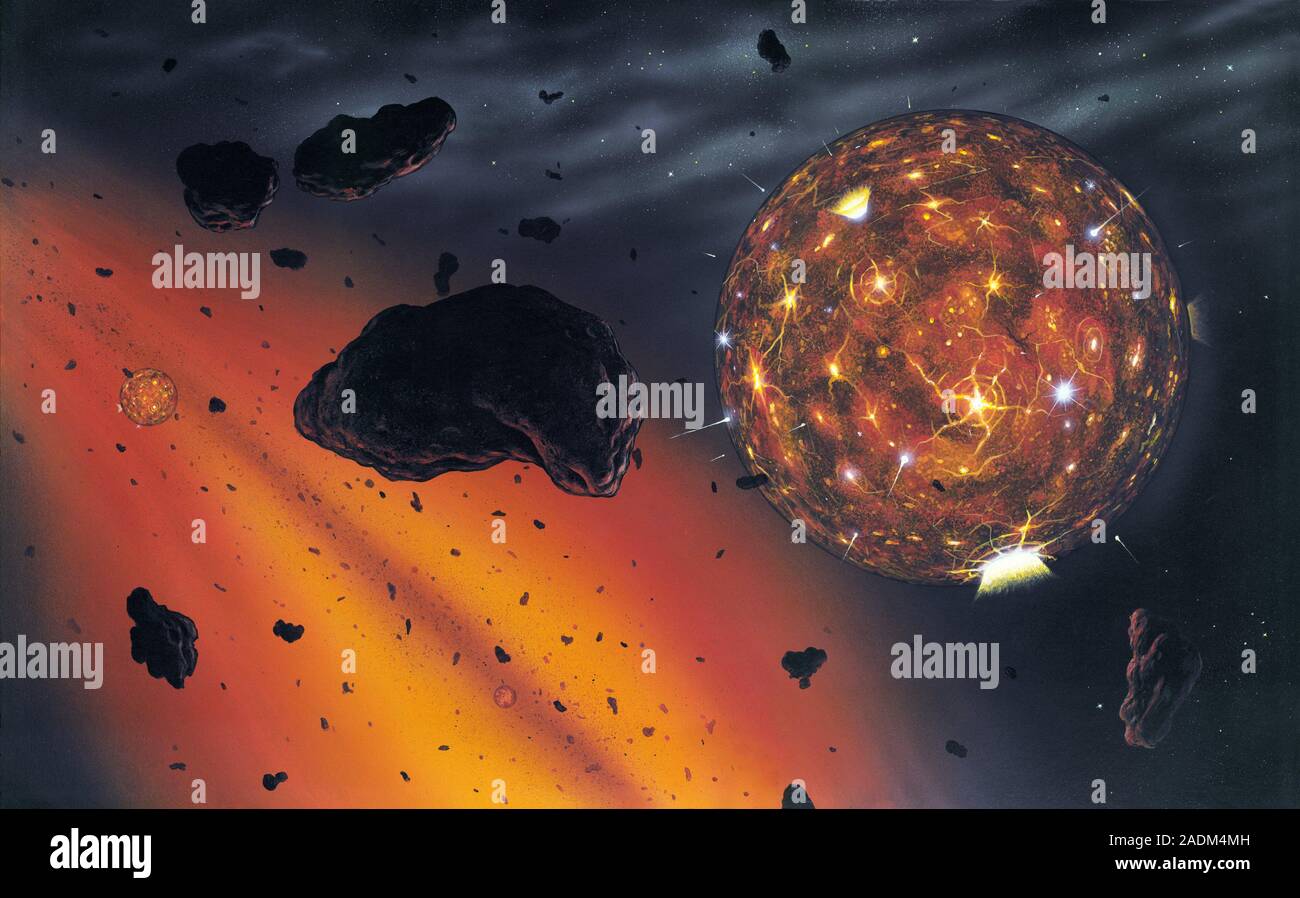 Planetary formation. Artwork of numerous small rocky bodies ...