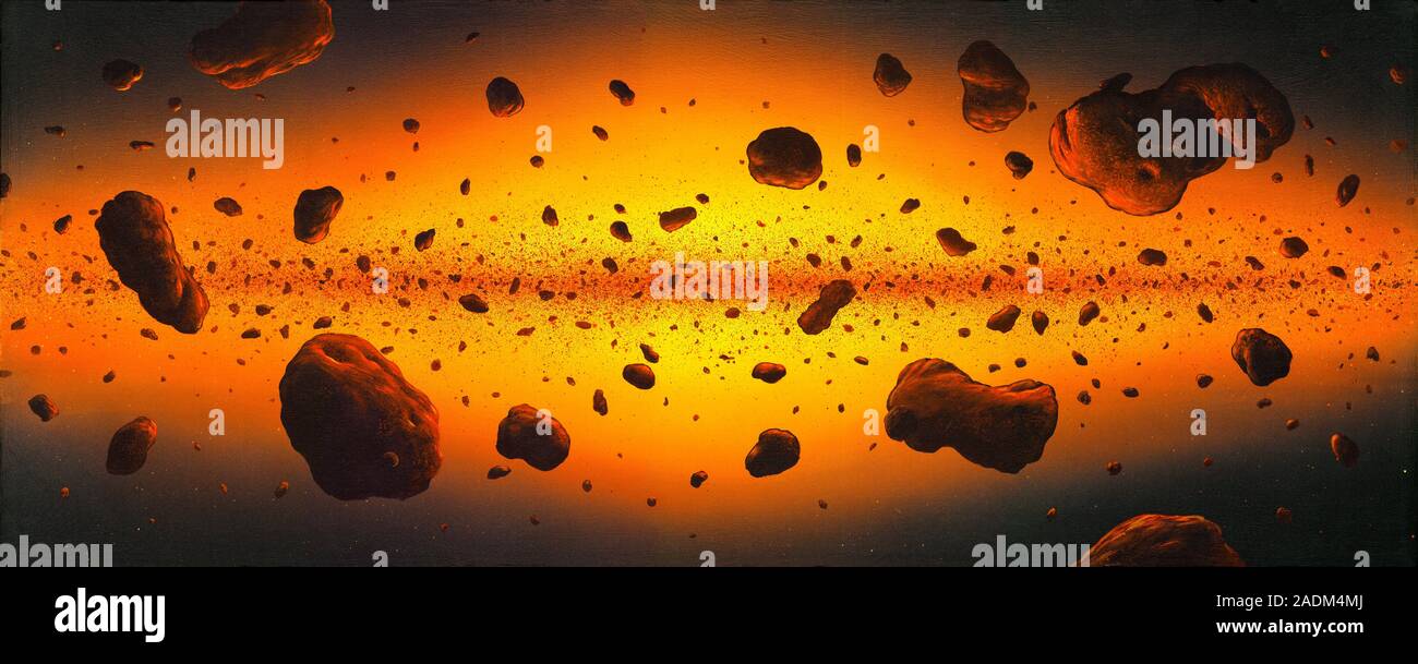 Early Solar System. Artwork of numerous small rocky bodies ...