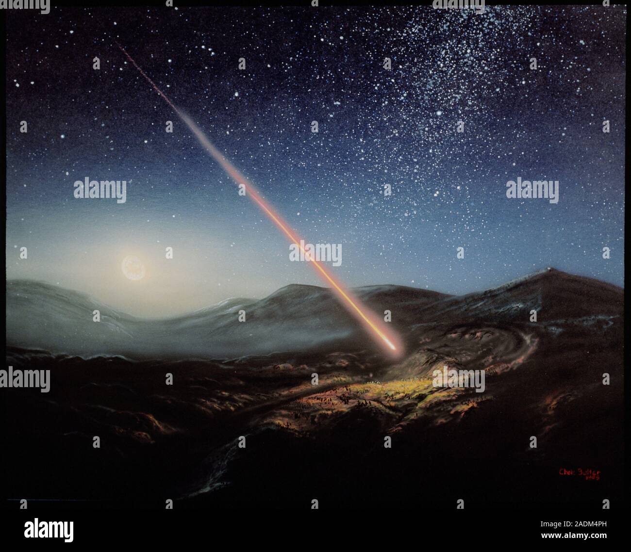 Meteorite. Illustration of a meteorite hitting the ground in a remote ...