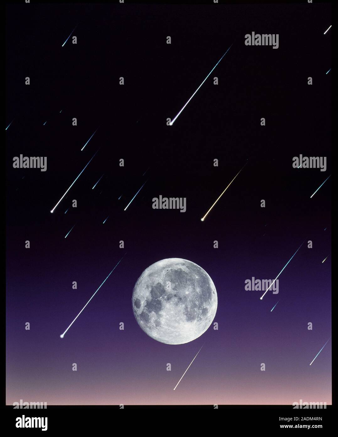 Meteors and full moon. Composite image representing meteors entering ...