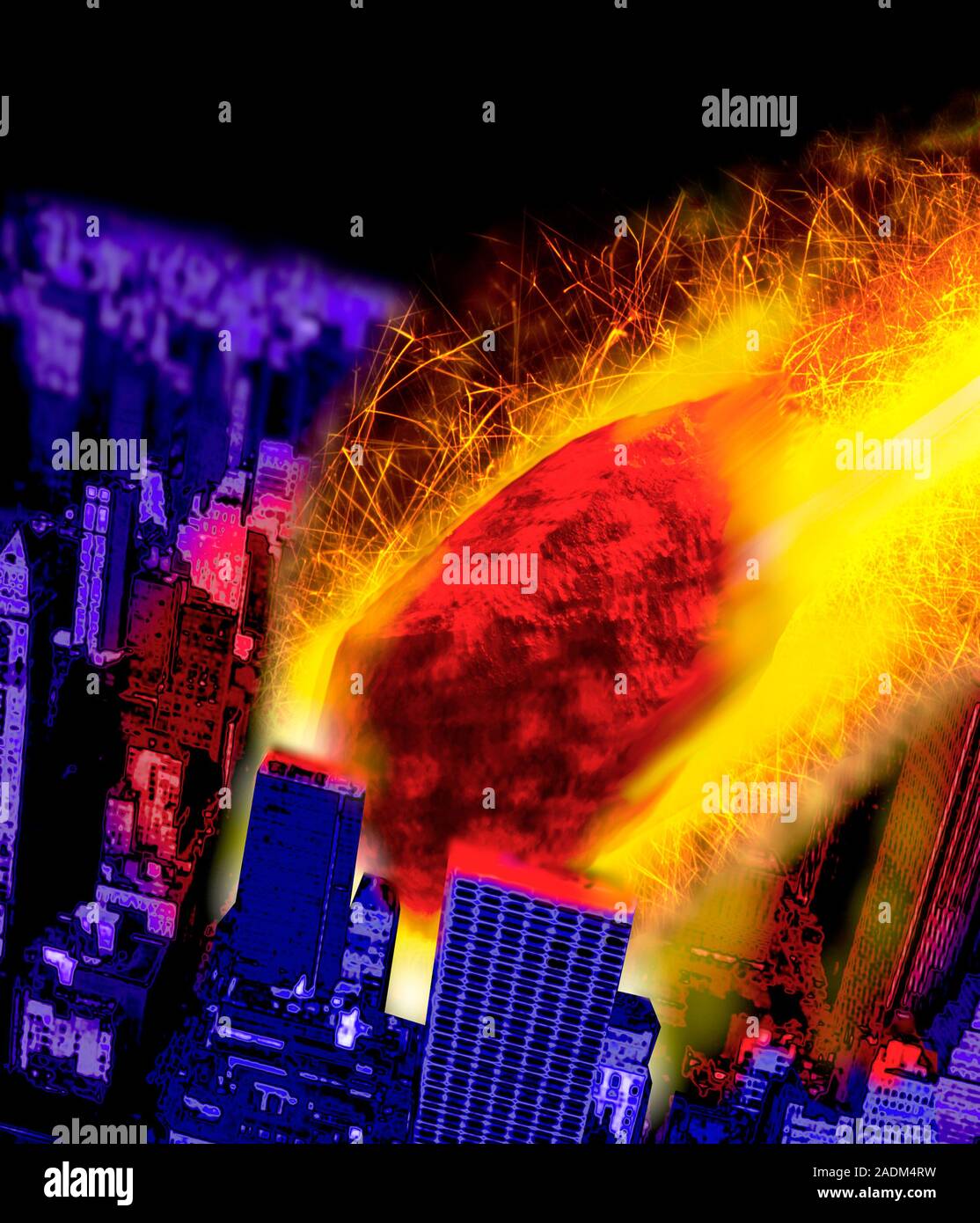 Meteorite strike. Computer artwork of a meteorite striking a city at ...
