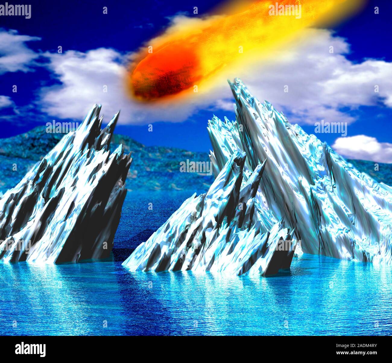 Meteorite over ocean. Computer artwork of a meteorite about to land in ...