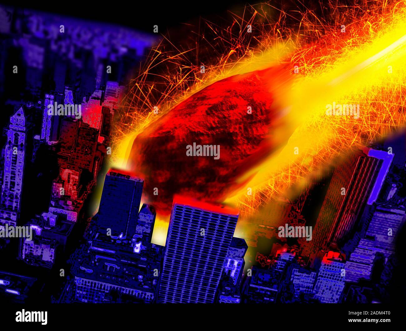 Meteorite strike. Computer artwork of a meteorite striking a city at ...