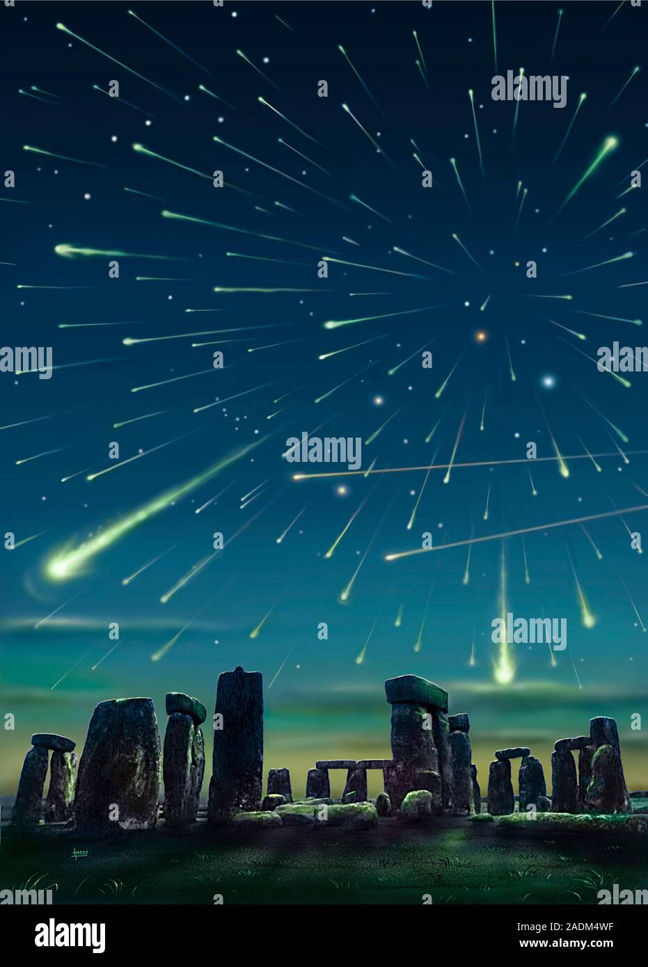 Leonid meteor shower. Artwork of a major Leonid meteor shower over ...