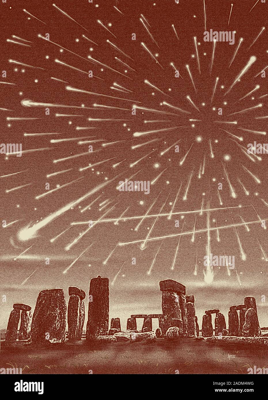 Leonid meteor shower. Artwork of a major Leonid meteor shower over ...