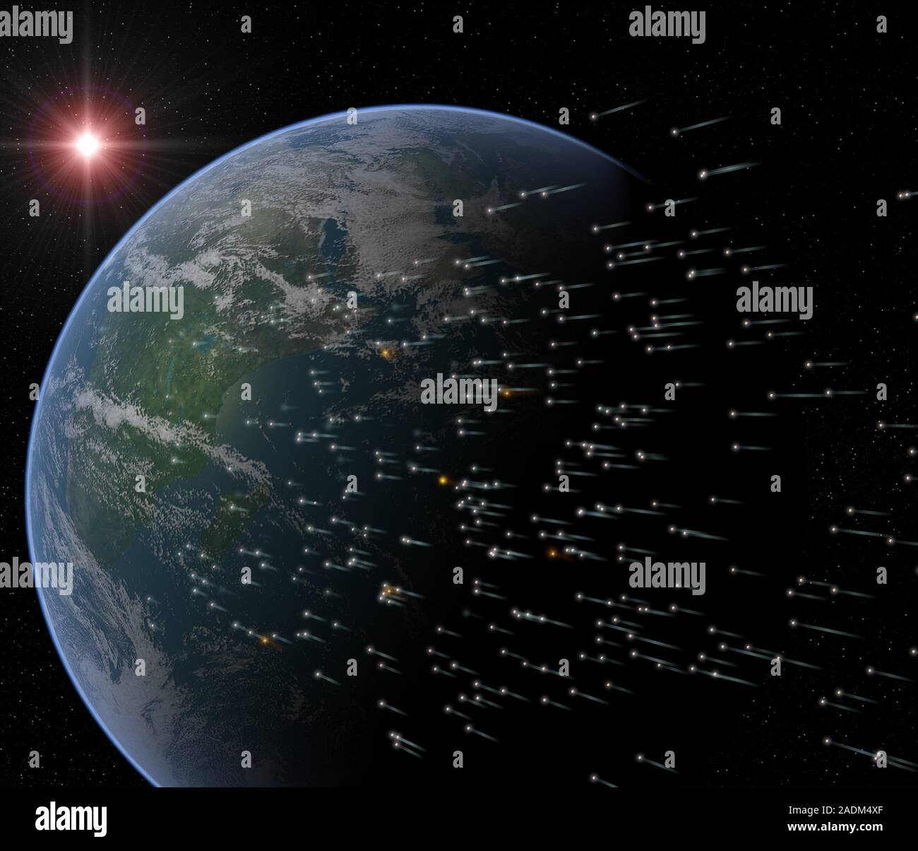 Meteor shower. Computer artwork of a meteor shower impacting the Earth, with the Sun at upper ...