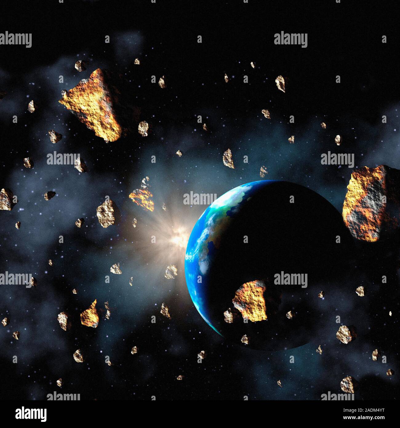 Comet or asteroid debris. Computer artwork of Earth (bottom right) in ...