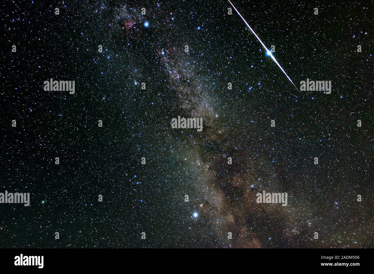 Perseid meteor shower. Optical image of a meteor track (upper right ...