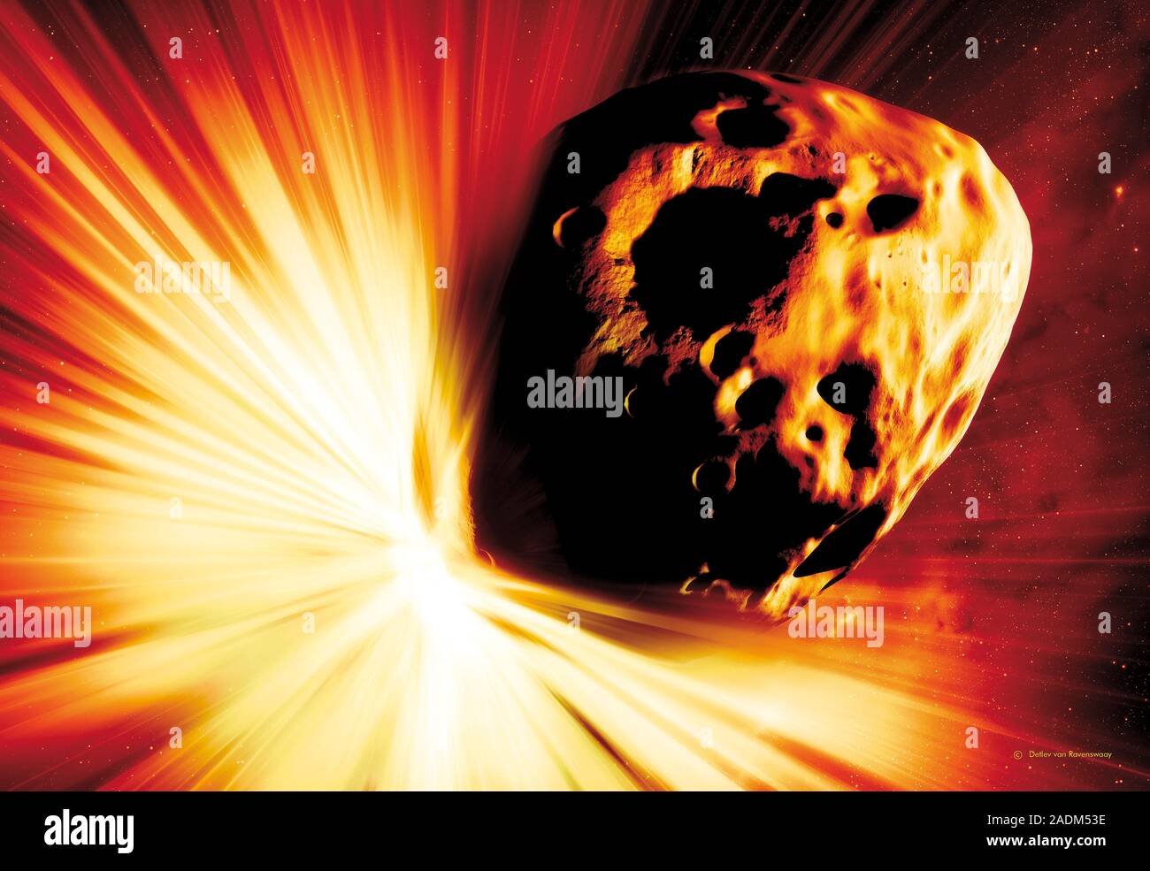 Asteroid deflection. Artwork of a nuclear weapon exploding next to an ...