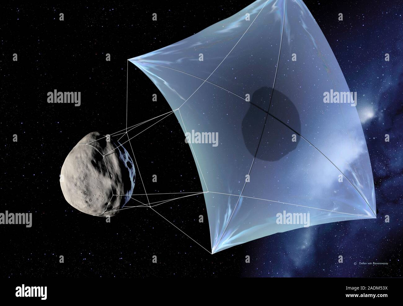 Asteroid deflection. Artwork of an asteroid being pulled by a solar ...