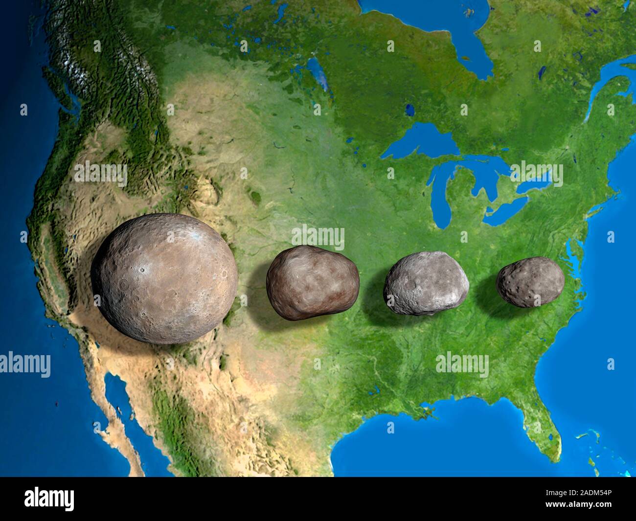 Four largest asteroids, computer scale artwork. The asteroids are seen ...