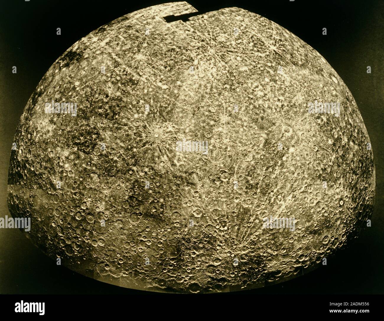 Mosaic photograph showing the heavily cratered surface of Mercury, the ...