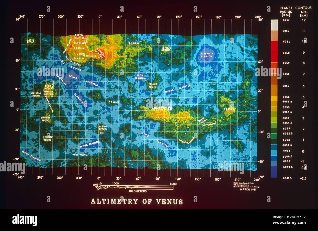 Colour-coded topographic map of the surface of Venus compiled from ...