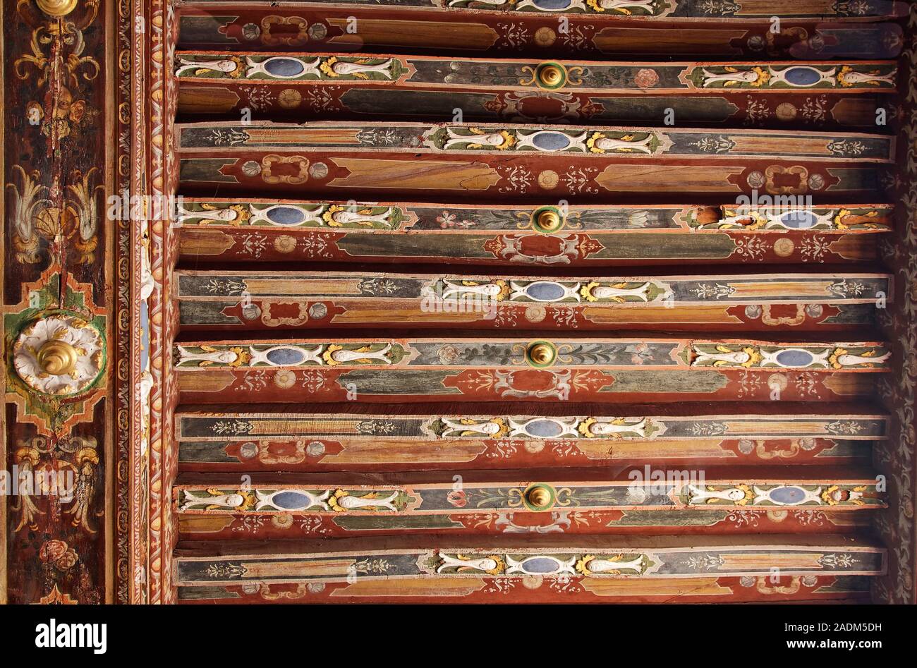 French ceiling, ornate, painted wood, designs, beams, room, Chateau ...