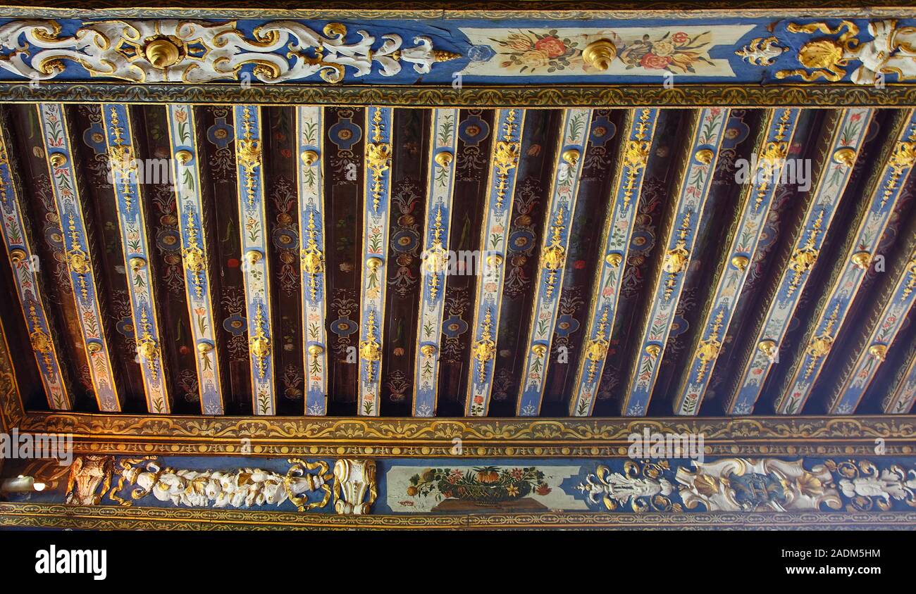 French ceiling, ornate, carved figures, painted designs, colorful ...