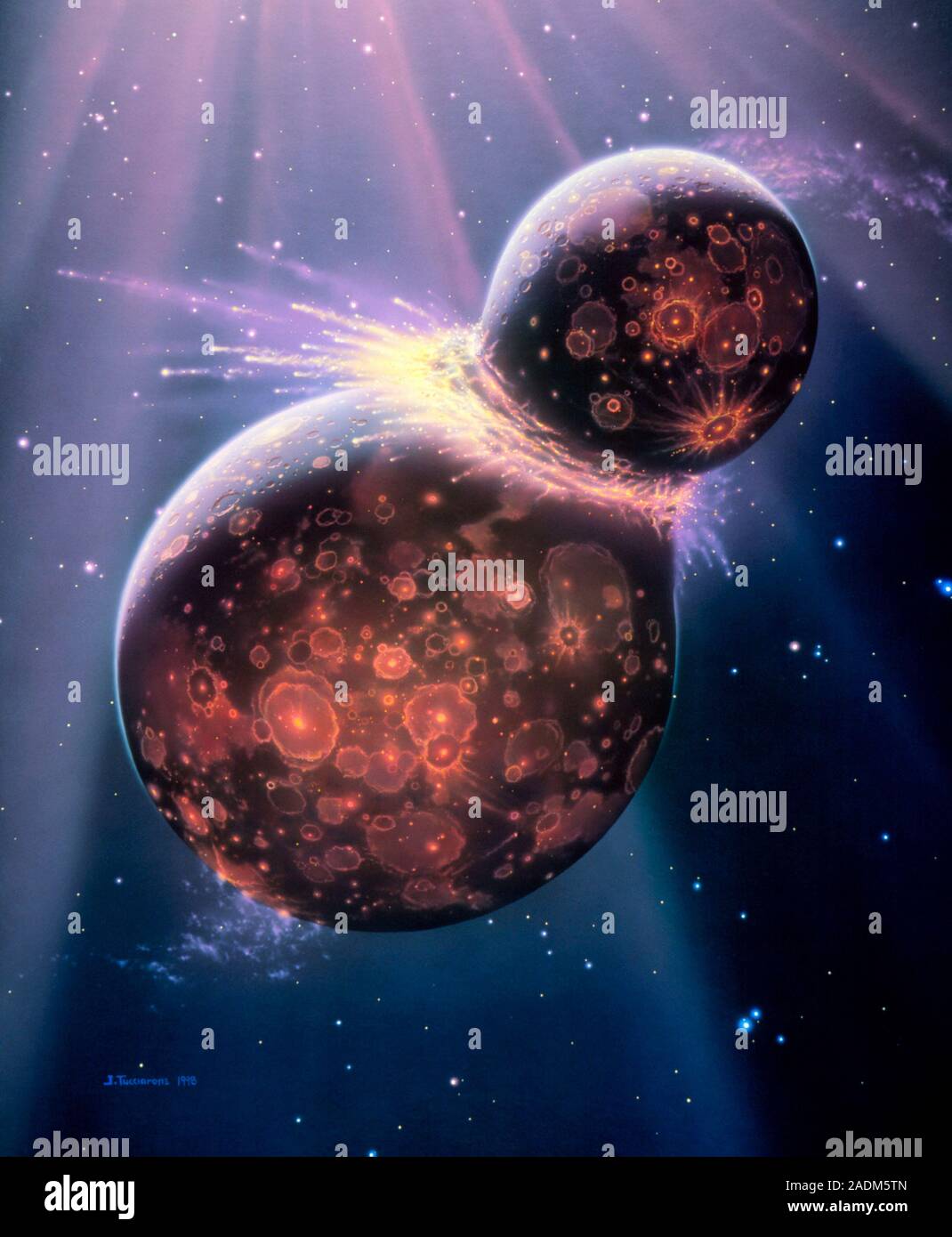 Moon's origin. Artwork of a large body colliding with a young Earth ...