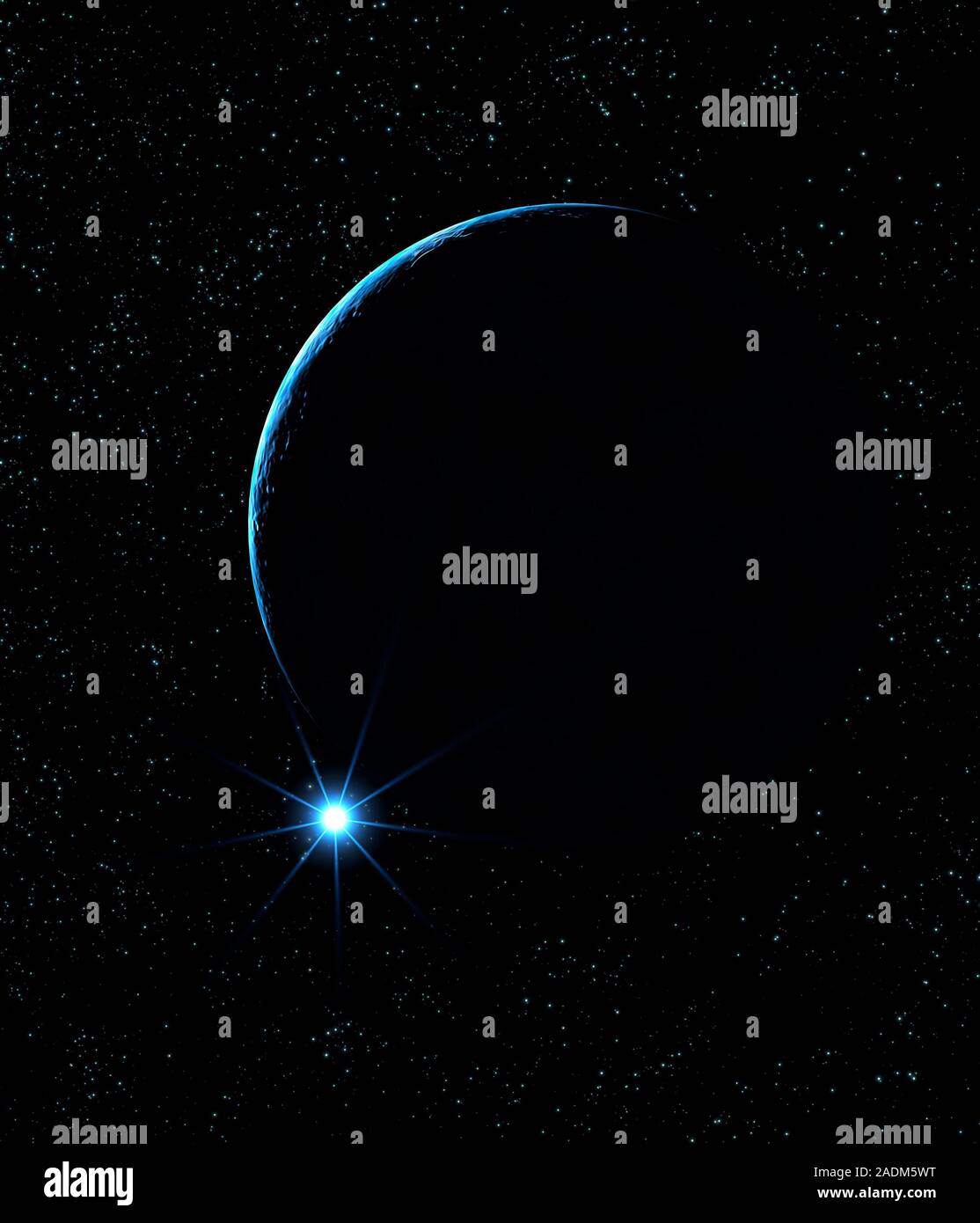 Moon and star. Artwork of a bright star near the crescent Moon, seen ...