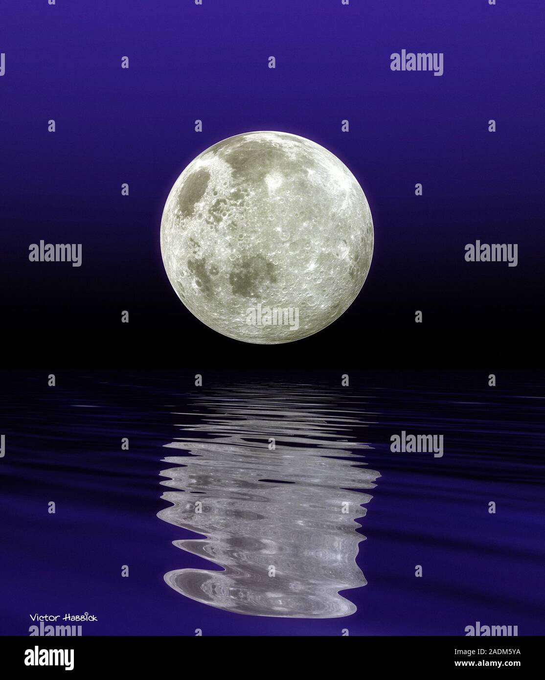 Moon over water. Computer artwork of the Moon over water. Its light is ...