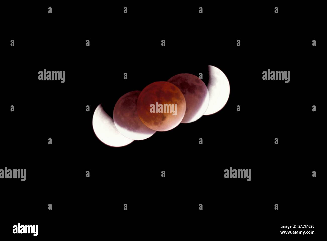Lunar eclipse. Composite image of the Moon moving from left to right ...