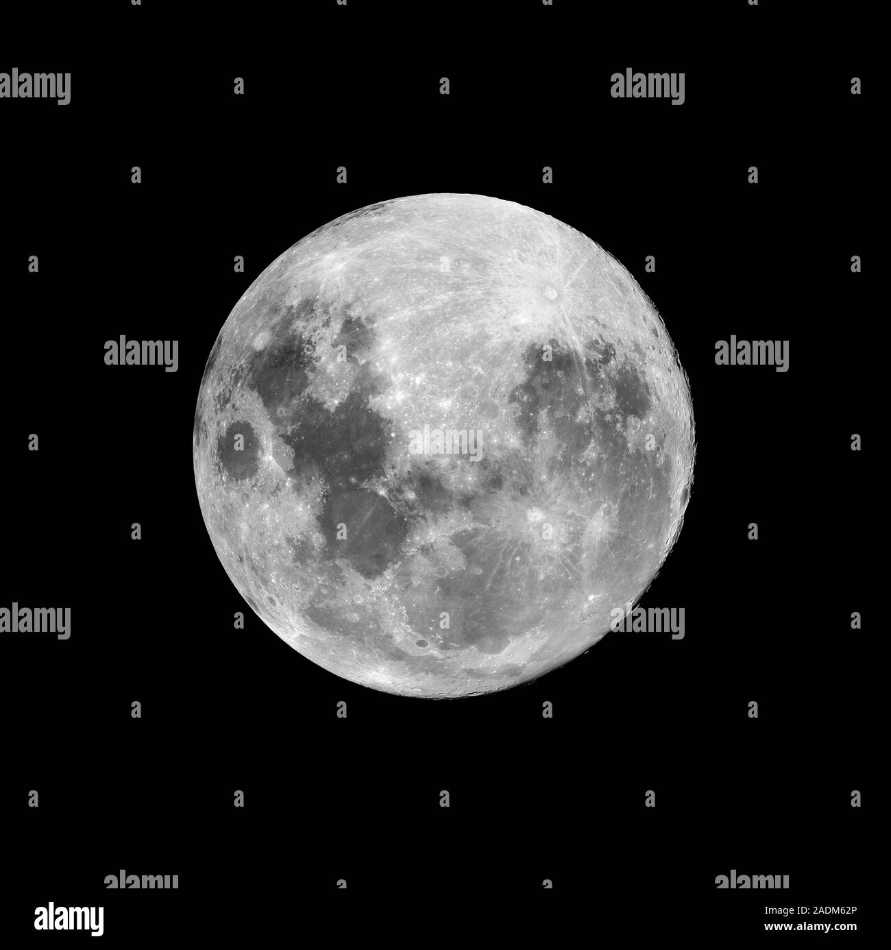 Full Moon. The north pole of the Moon is at bottom. The dark areas are ...