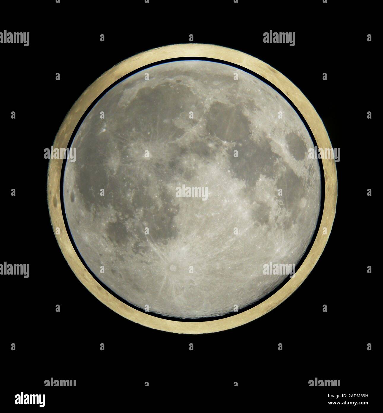 Moon size. Composite image of two superimposed views of a full moon ...