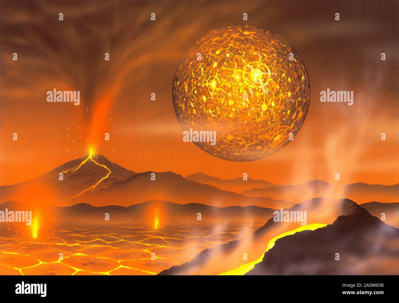 Formation of the Moon. Artwork of a Mars-sized protoplanet approaching ...