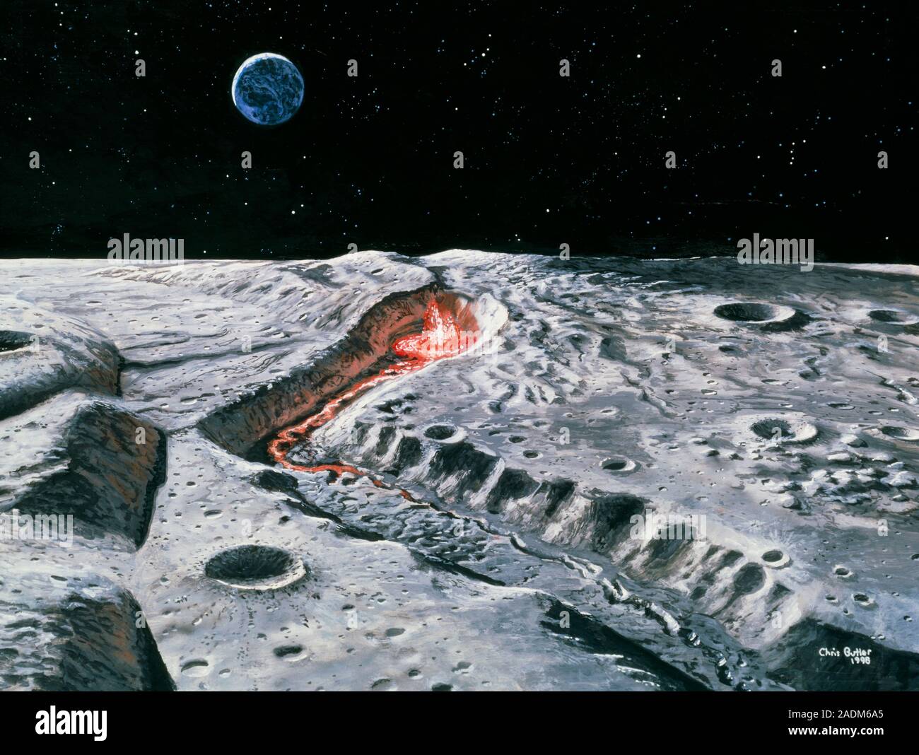 Volcano on Moon. Artwork of a volcano erupting on the surface of the ...