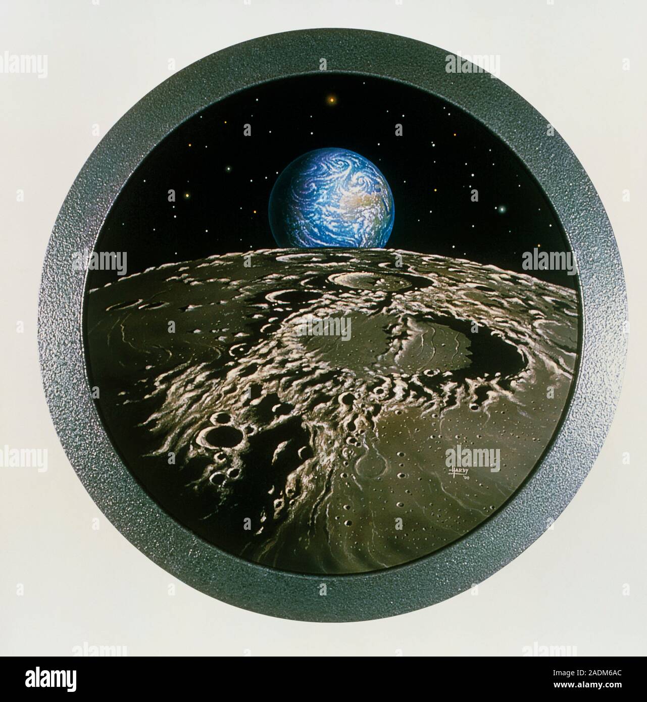 Earth over Moon. Artwork of the Earth seen over the cratered lunar ...