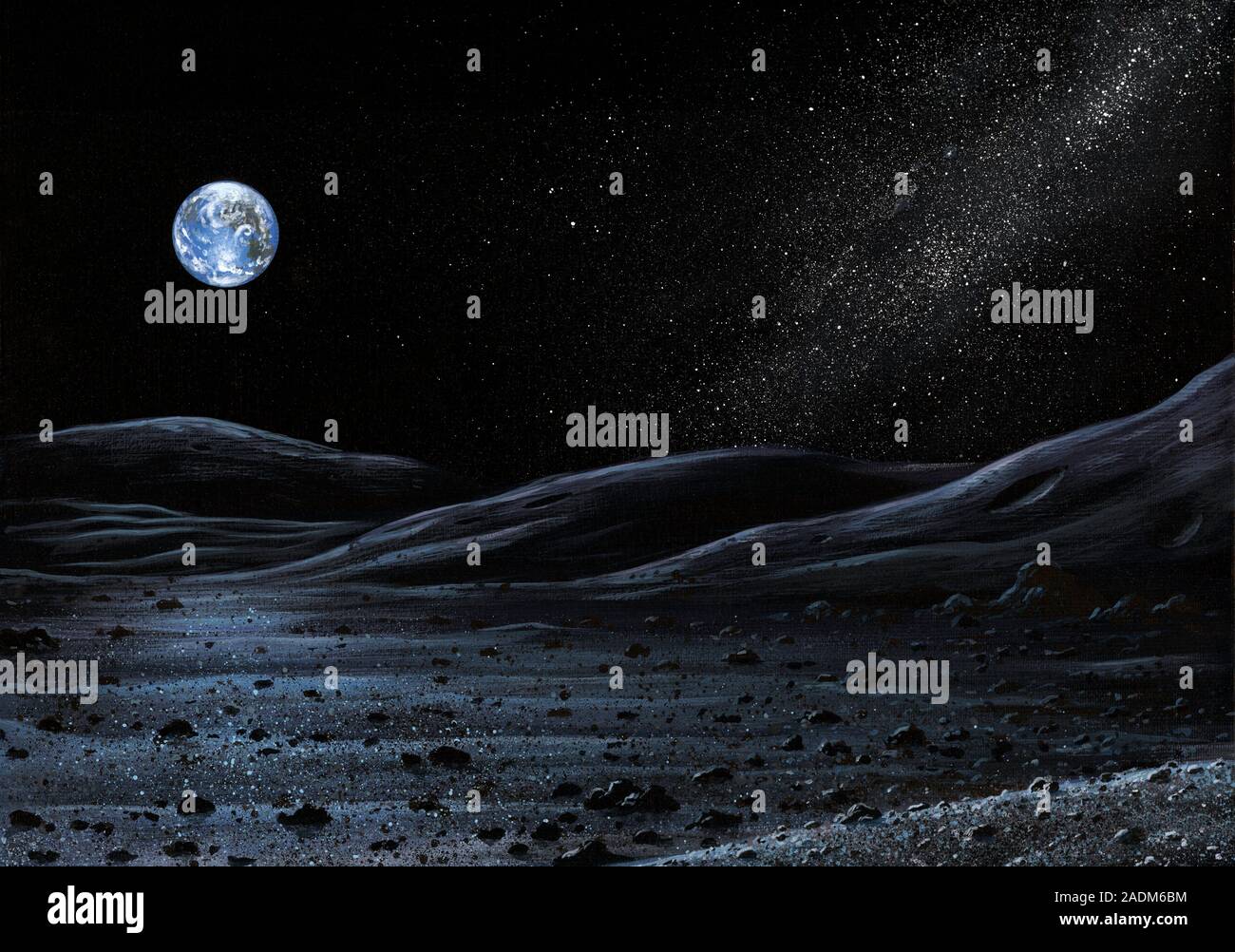 Earth from the Moon. Artwork of the surface of the Moon illuminated by ...