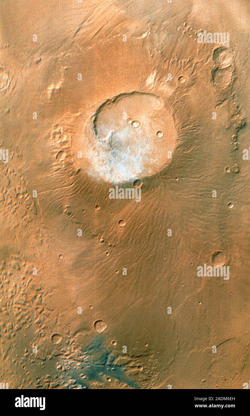 Martian volcano. Coloured Mars Global Surveyor (MGS) image of the ...