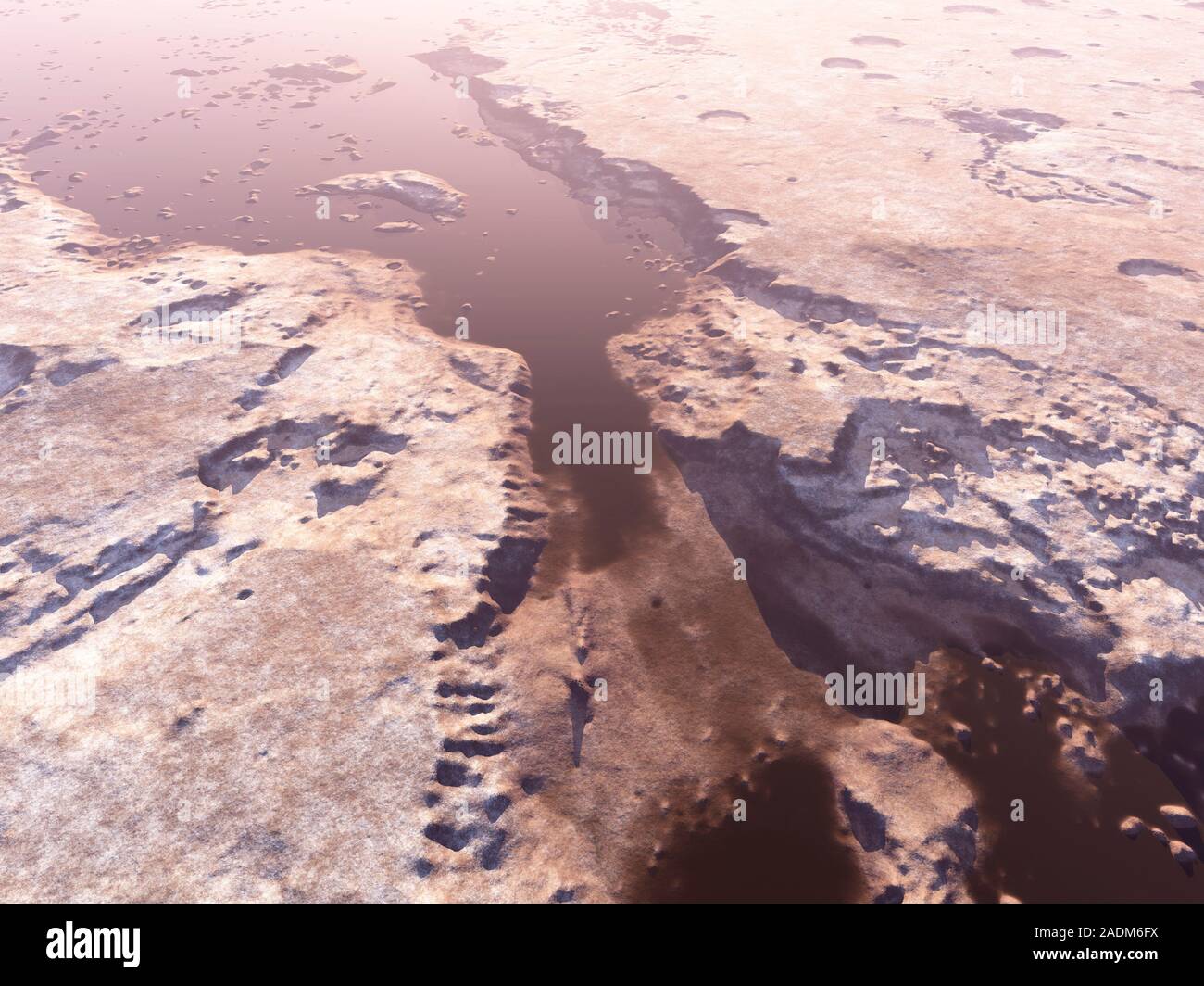 Water on Mars. Image 2 of 2. Computer artwork of water flowing east ...