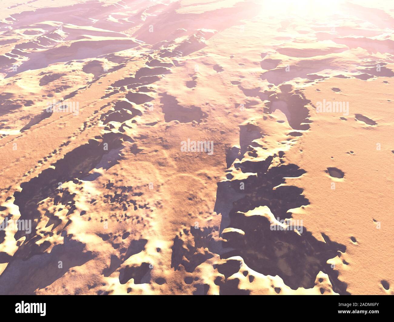 Eroded Martian landscape. Image 1 of 2. Computer artwork looking east ...