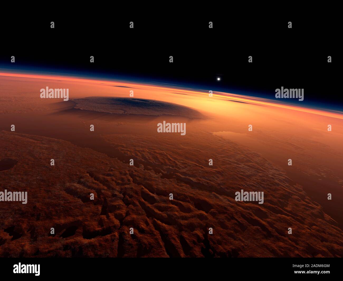 Water on Mars. Computer artwork looking east over Olympus Mons (large ...