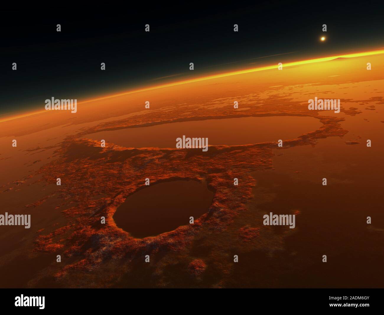 Water on Mars. Computer artwork looking west over the flooded Orcus ...