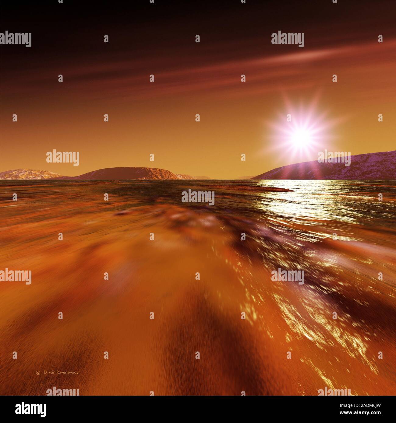 Water on Mars. Artwork of water in the Ares Valles area of Mars. Ares ...