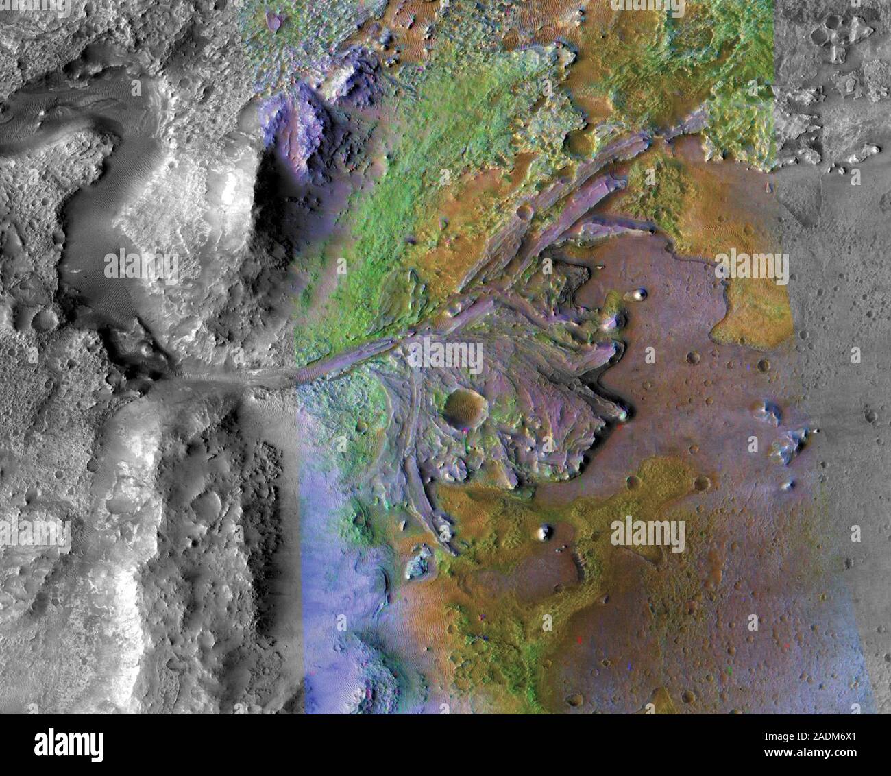 Martian river delta, colour-enhanced satellite image. This dried up ...