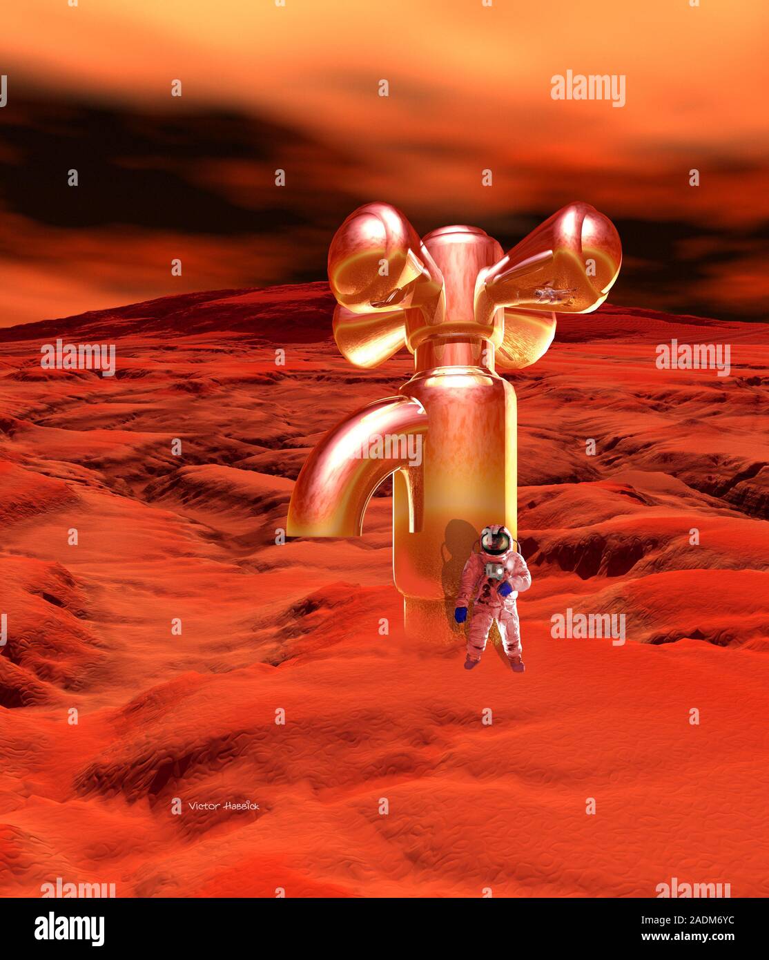 Water on Mars. Conceptual computer artwork of an astronaut standing ...