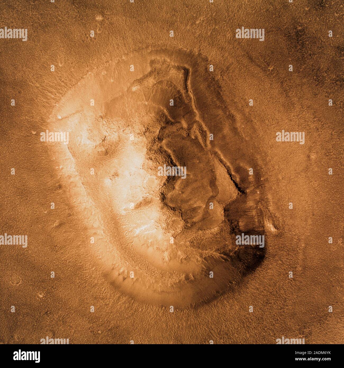 Face on Mars. Coloured Mars Global Surveyor (MGS) spacecraft image of ...