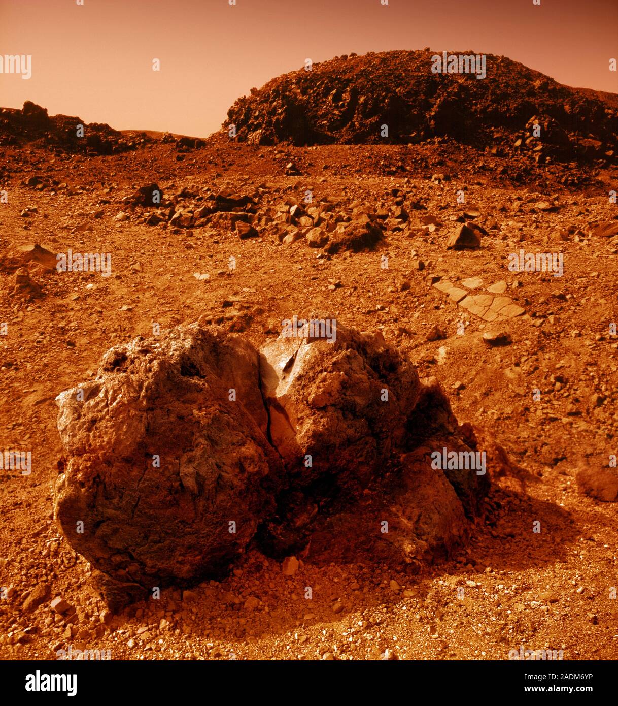 Martian volcanic landscape. Mars is a rocky desert world with no ...