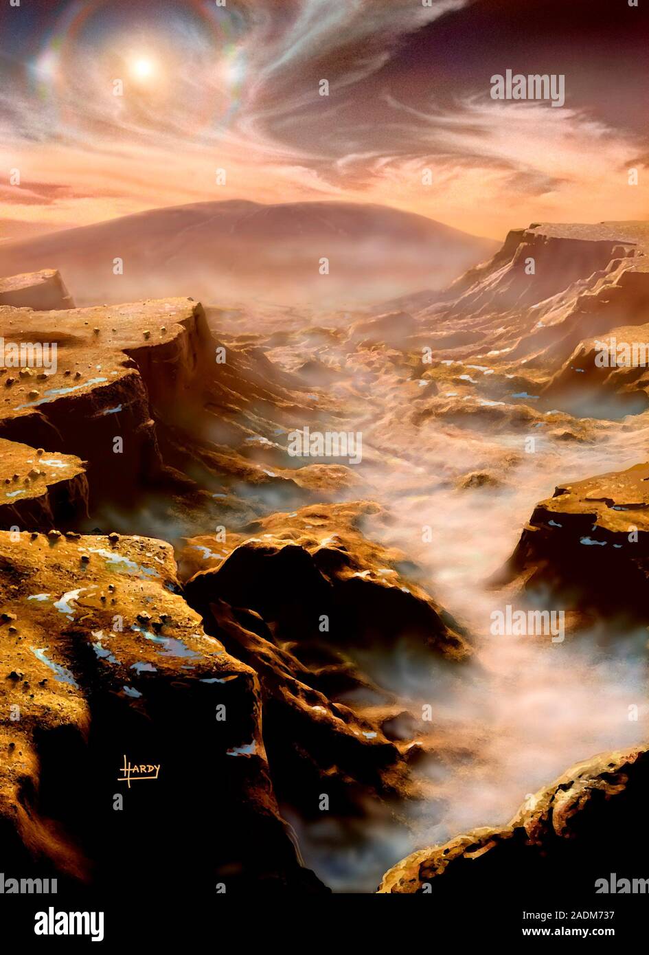 Canyon on Mars. Artwork of fog in the Noctis Labyrinthus canyon on Mars ...