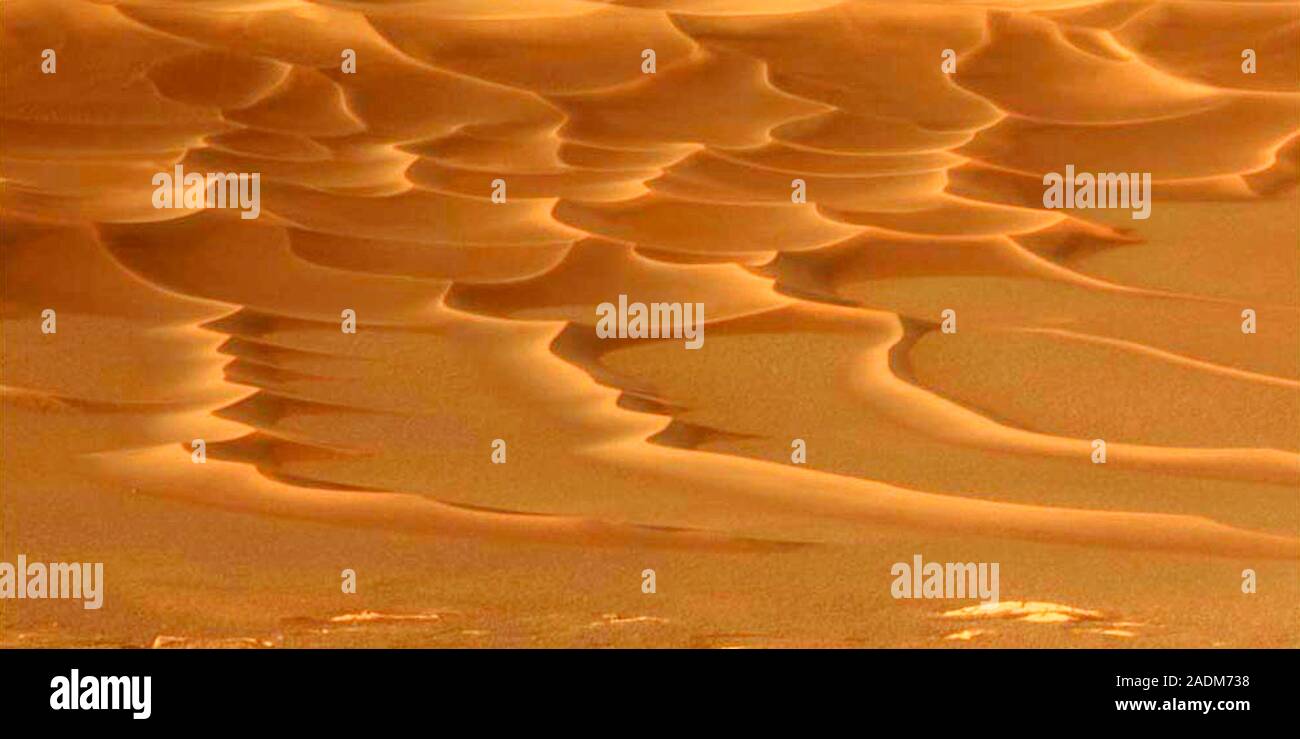 Martian dunes. Sand dunes in Endurance Crater on Mars, coloured image ...